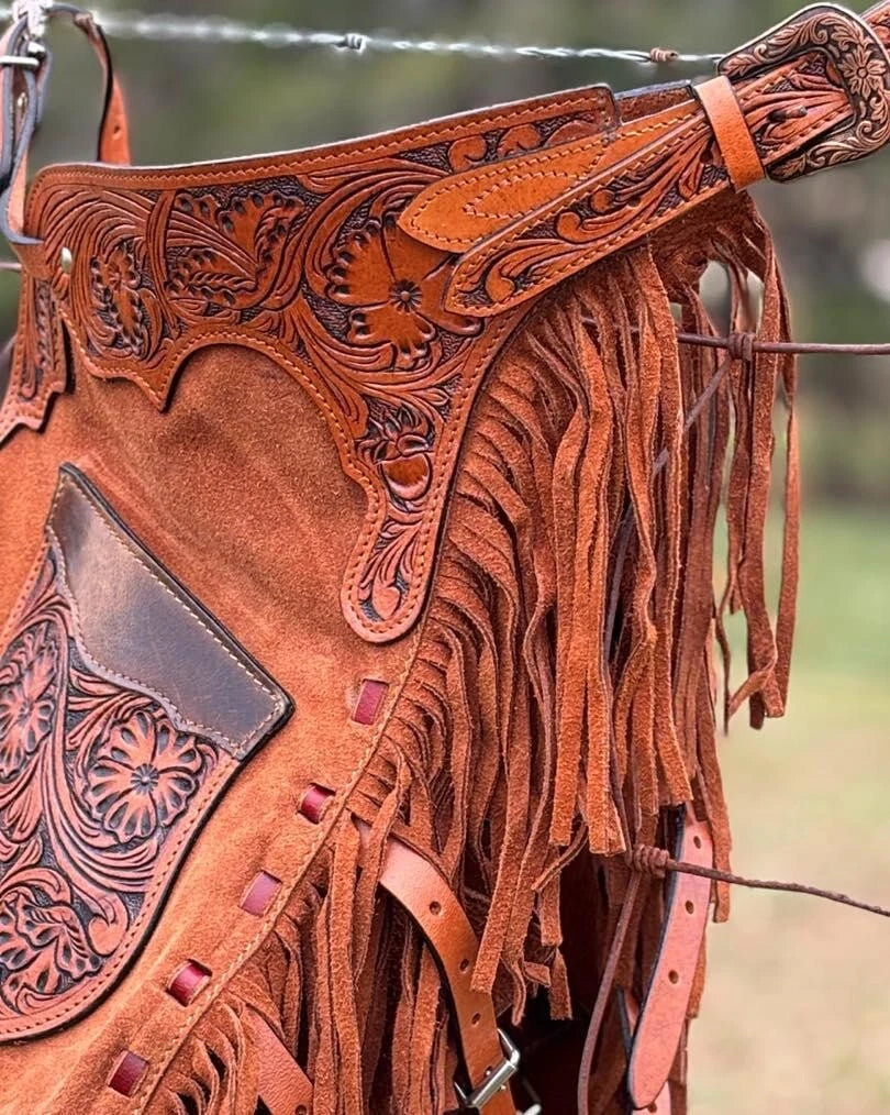 Custom Hand-Tooled Leather Chaps with Fringes – Native American Wester ...