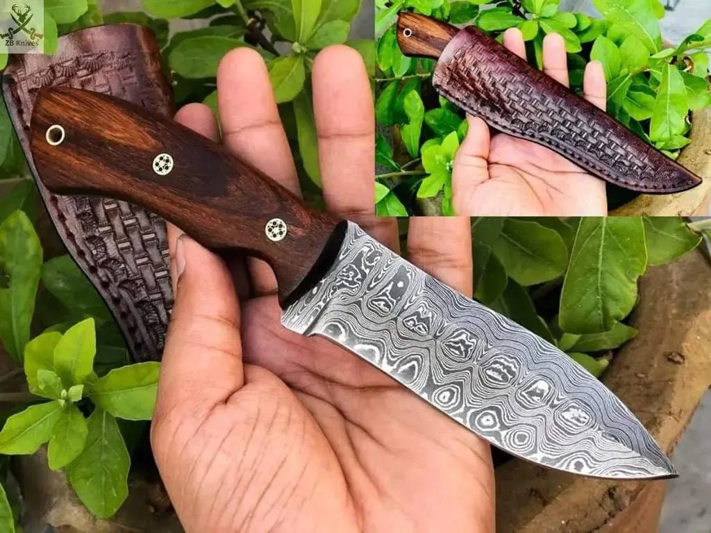 Professional 10" Damascus Hunting Knife – Full Tang Rosewood Grip for ...