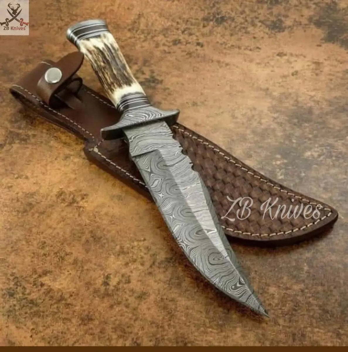 Western Bowie Knife - 14" Hand-Forged Damascus Steel Blade with Leathe ...